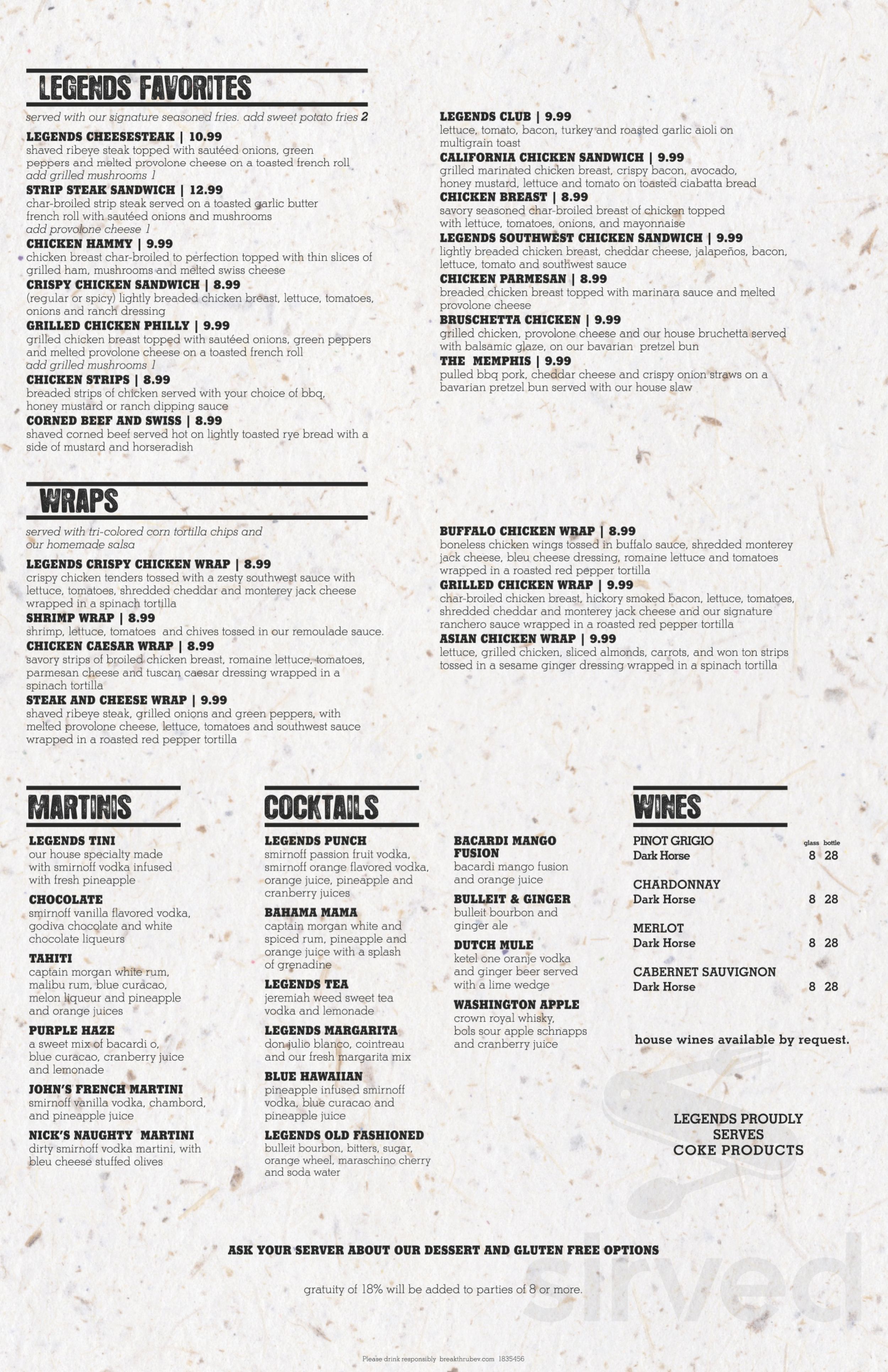 Legends Grill & Bar menus in Mokena, Illinois, United States