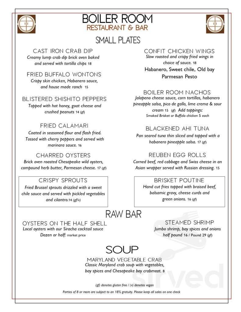 The Boiler Room Restaurant menu in Baltimore, Maryland, USA