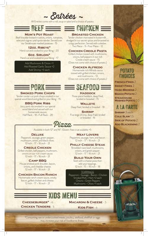 Camp 28 menu in Rib Lake, Wisconsin, USA