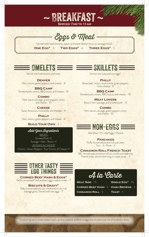 Camp 28 menu in Rib Lake, Wisconsin, USA