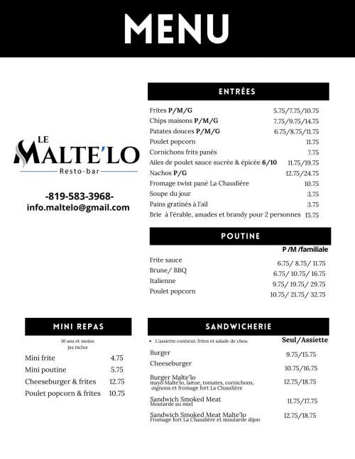 Le Malte'lo resto-bar menu in Nantes, Quebec G0Y 1G0, Canada