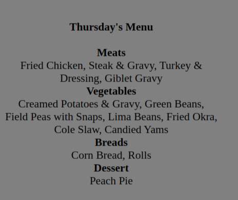 Plantation Buffet menu in Athens, Georgia, USA