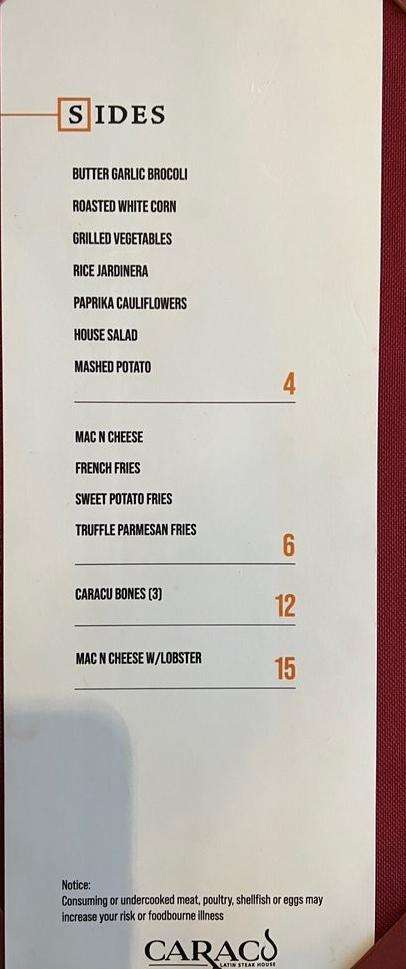 Caracu Latin Steakhouse menu in Nogales, Arizona, USA