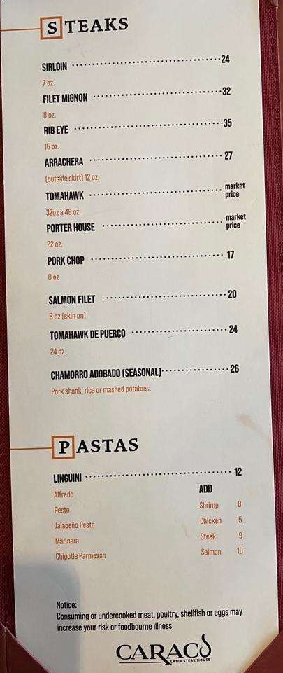 Caracu Latin Steakhouse menu in Nogales, Arizona, USA