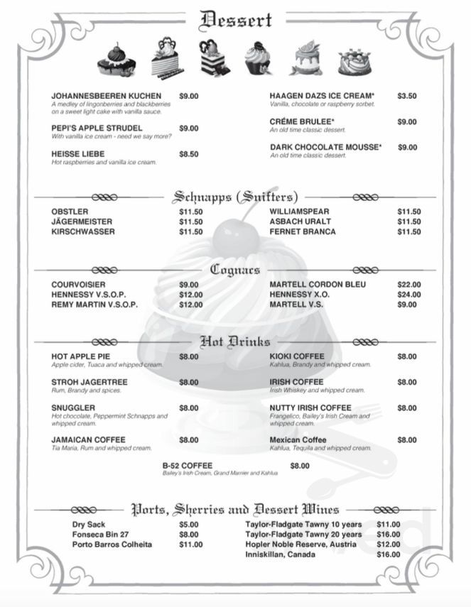 Pepi's Bar & Restaurant menu in Vail, Colorado, USA