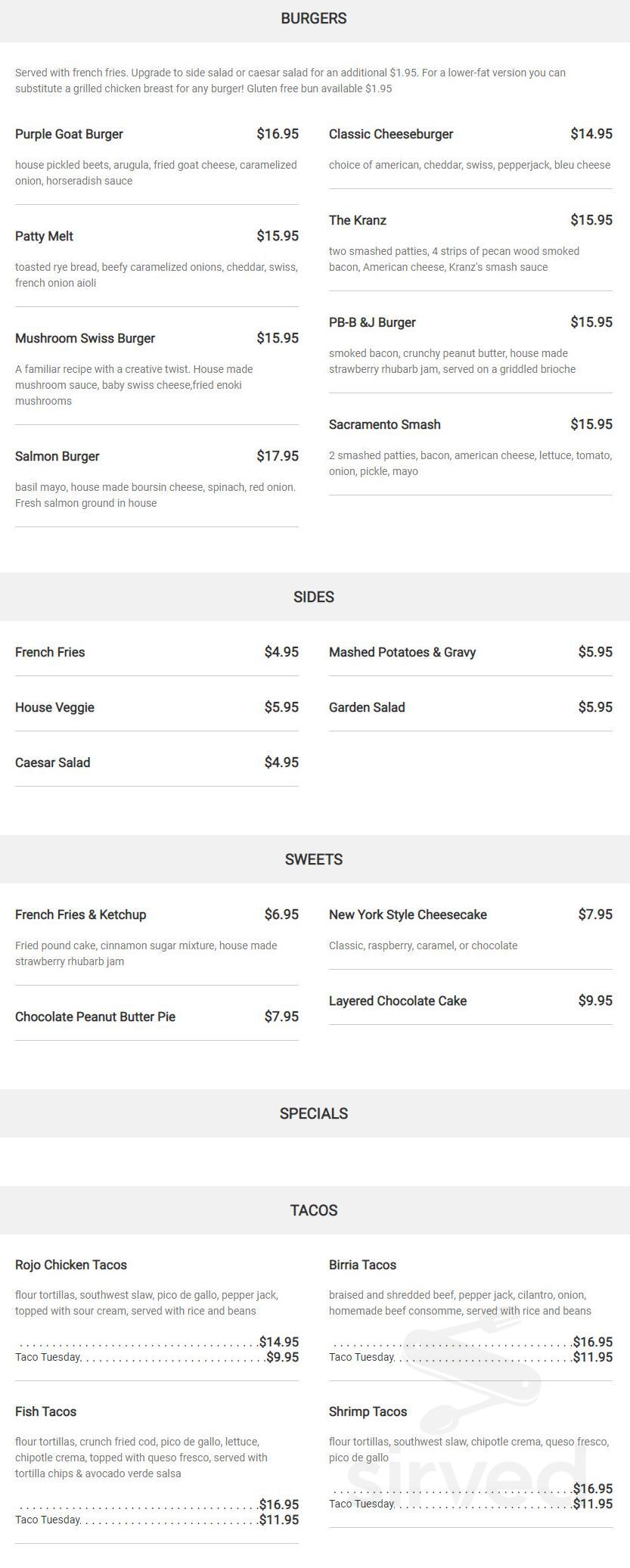 Purple Goat menu in Rochester, Minnesota, USA