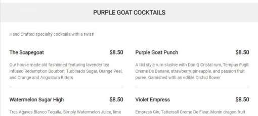 Menu for Purple Goat in Rochester, MN | Sirved