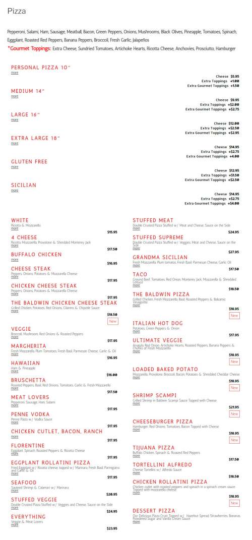 Baldwin Pizzeria menu in Parsippany, New Jersey, USA
