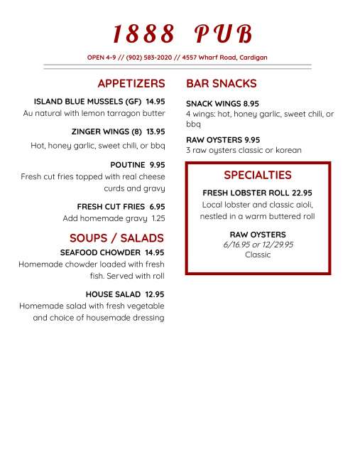 1888 Pub menu in Cardigan, Prince Edward Island, Canada