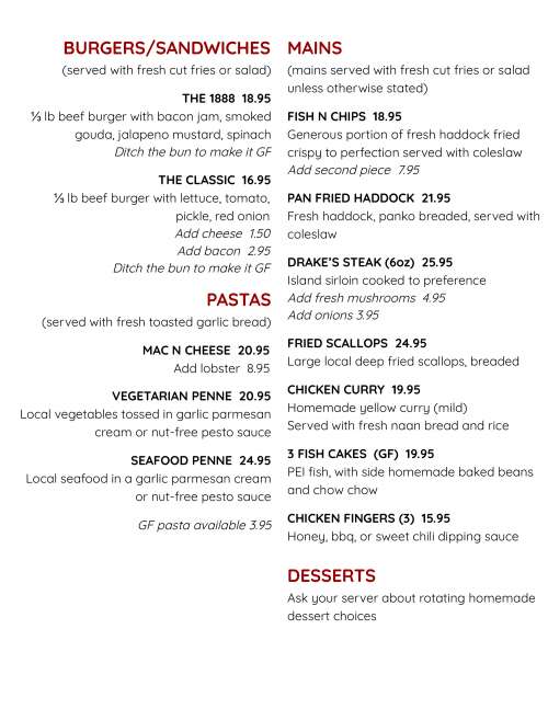 1888 Pub menu in Cardigan, Prince Edward Island, Canada