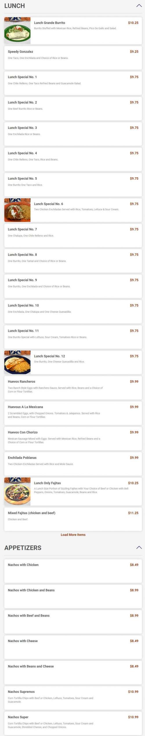 Chapala Mexican Restaurant menu in Mora, Minnesota, USA