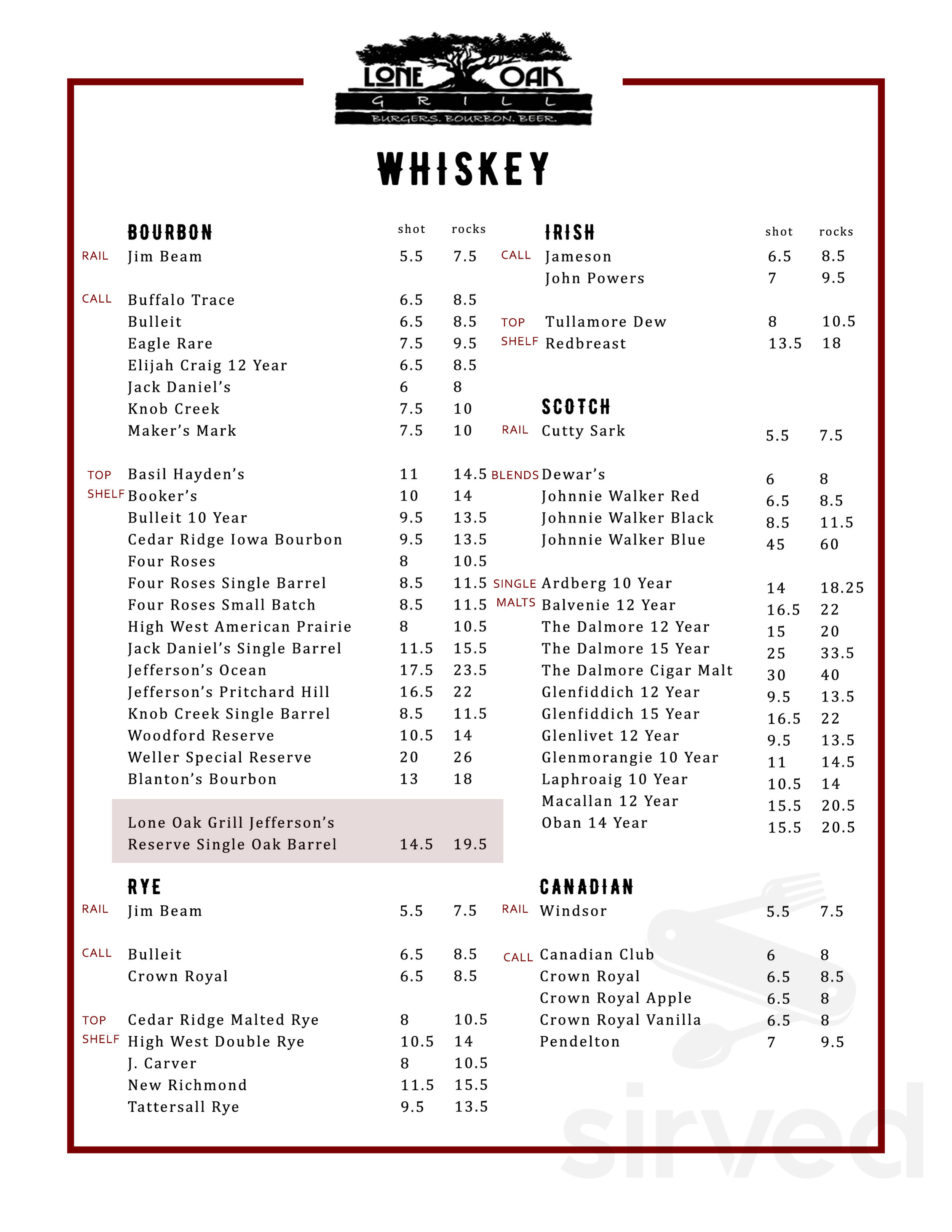 Menu - Eagan MN's Lone Oak Bar and Grill | Sirved