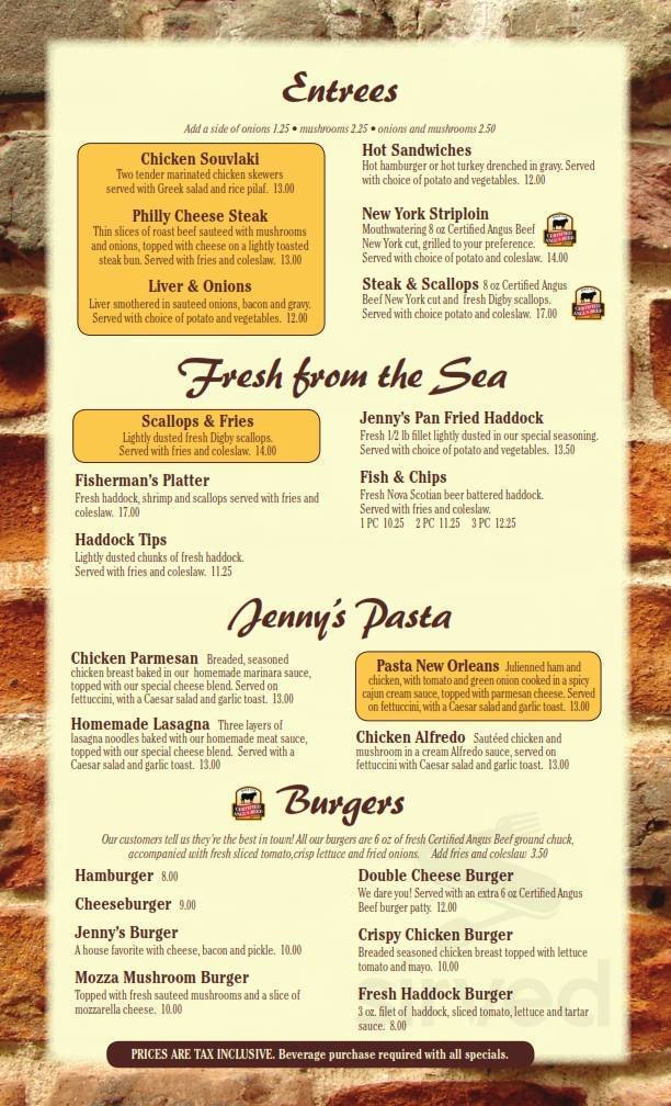 Jenny's Bar & Grill menu in Halifax, Nova Scotia, Canada