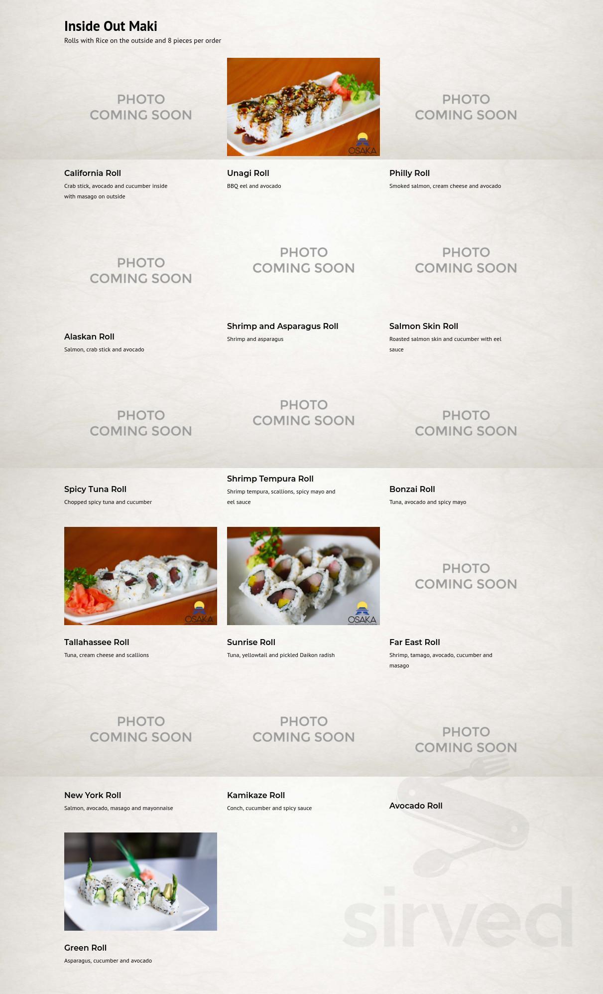 Osaka Japanese Hibachi Steakhouse & Sushi Bar menu in Destin, Florida, USA