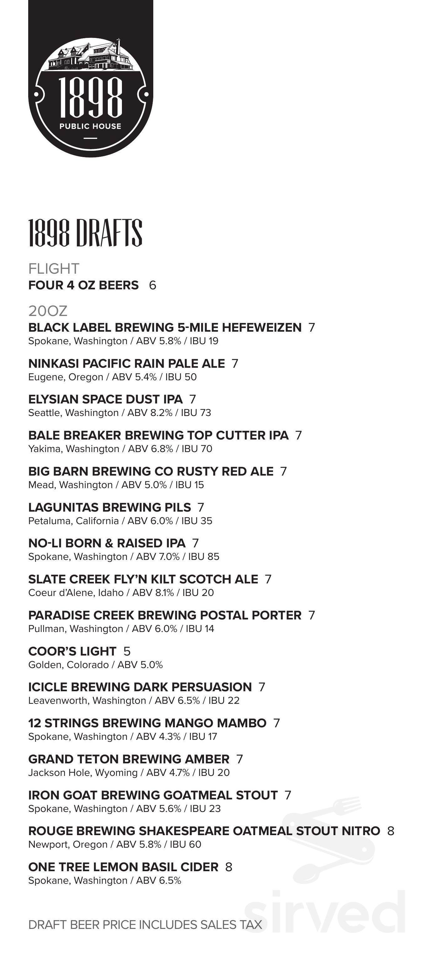 1898 Public House menu in Spokane, Washington, USA