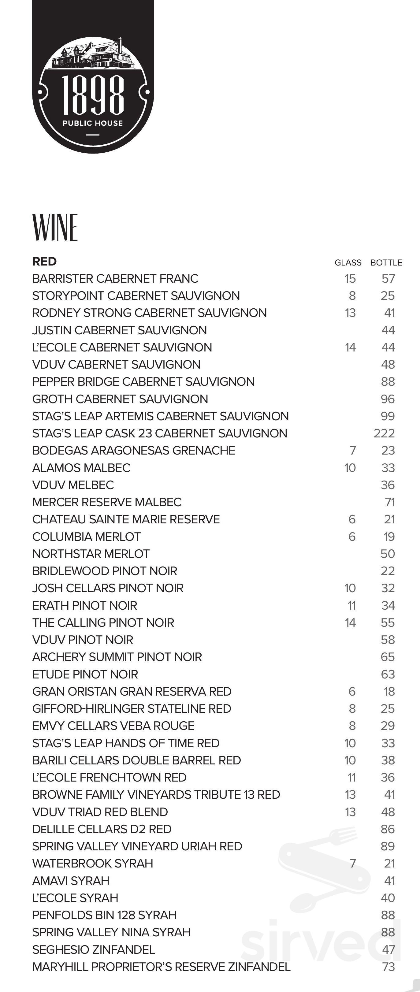 Menu - Spokane WA's 1898 Public House | Sirved