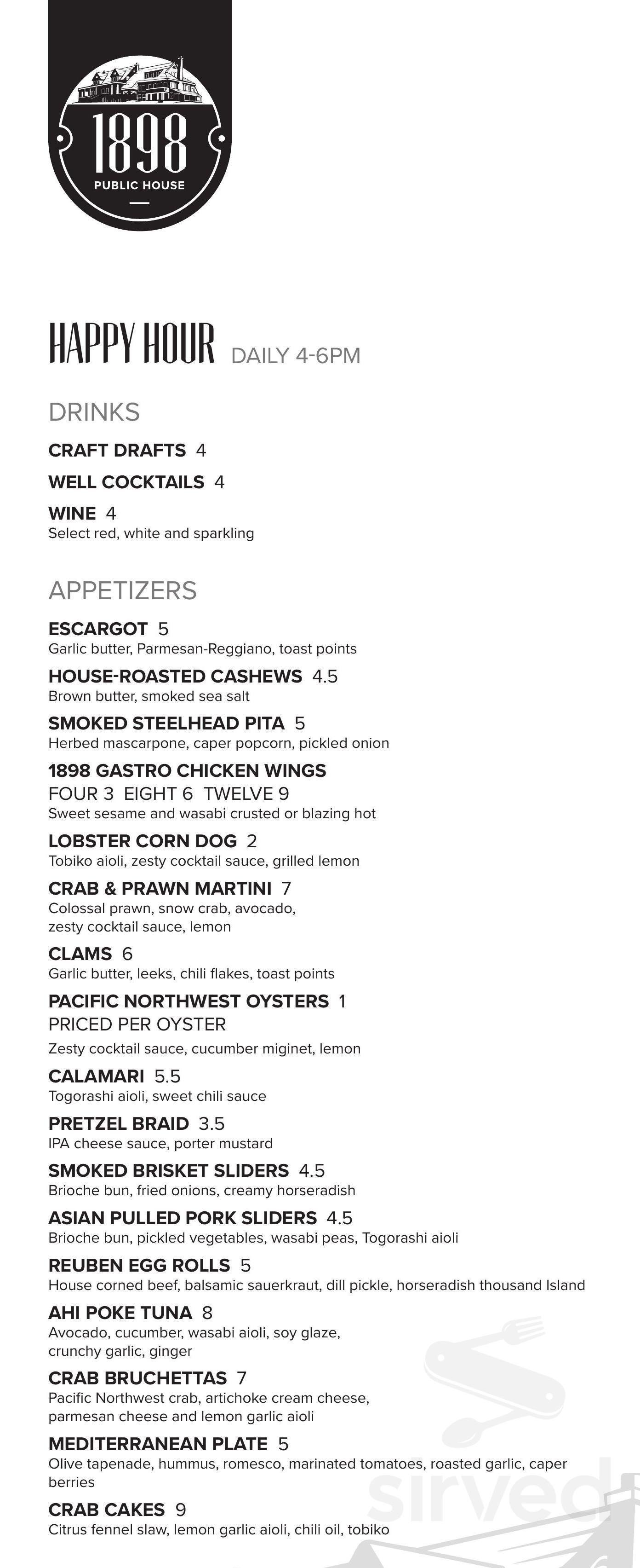 Menu for 1898 Public House in Spokane, WA | Sirved