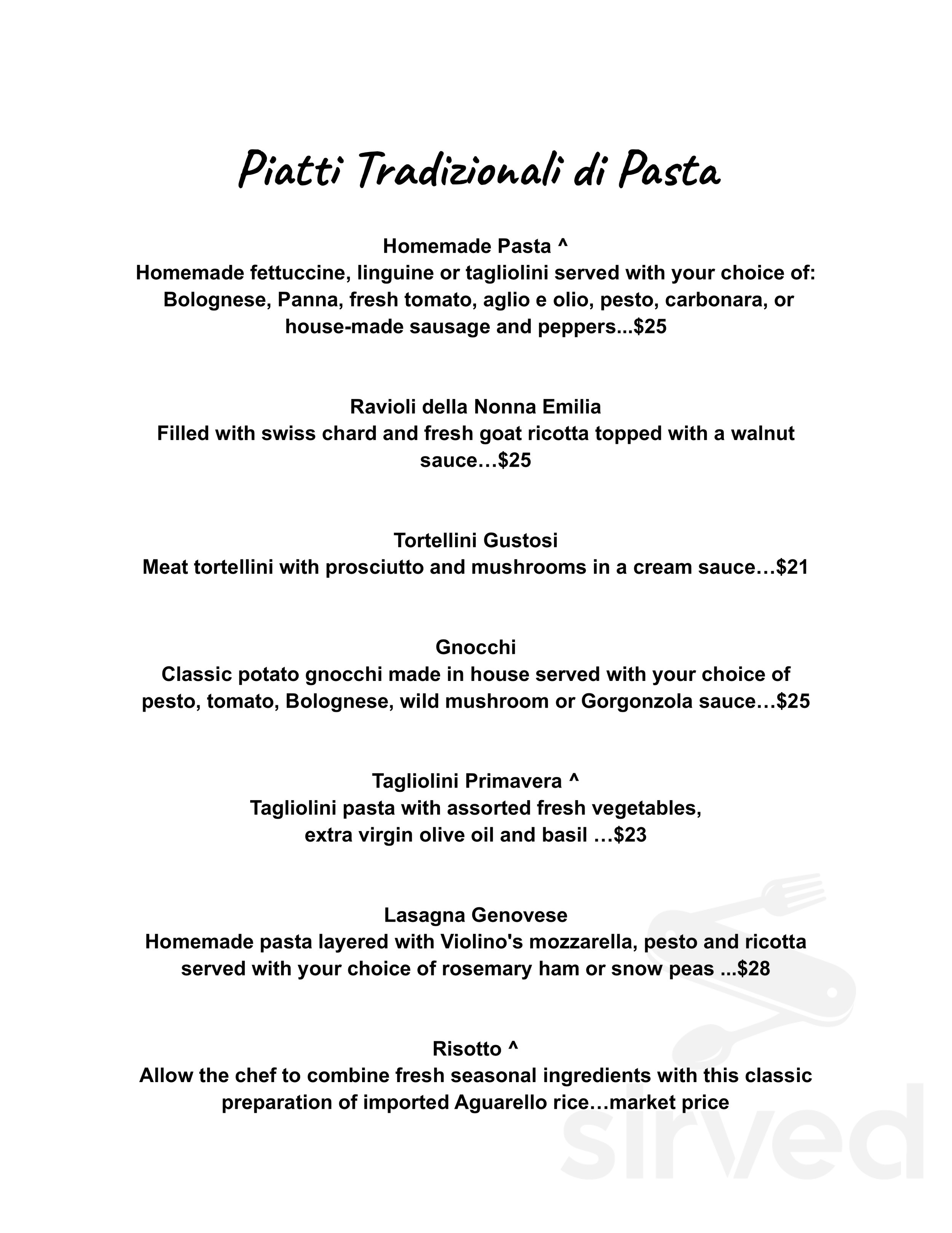 Violino Ristorante Italiano menu in Winchester, Virginia, USA