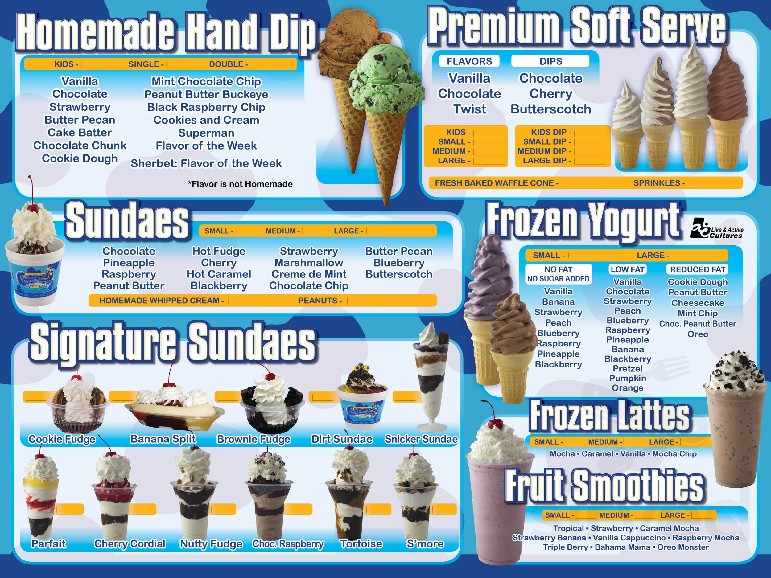 Chillers Ice Cream menu in Sellersburg, Indiana, USA