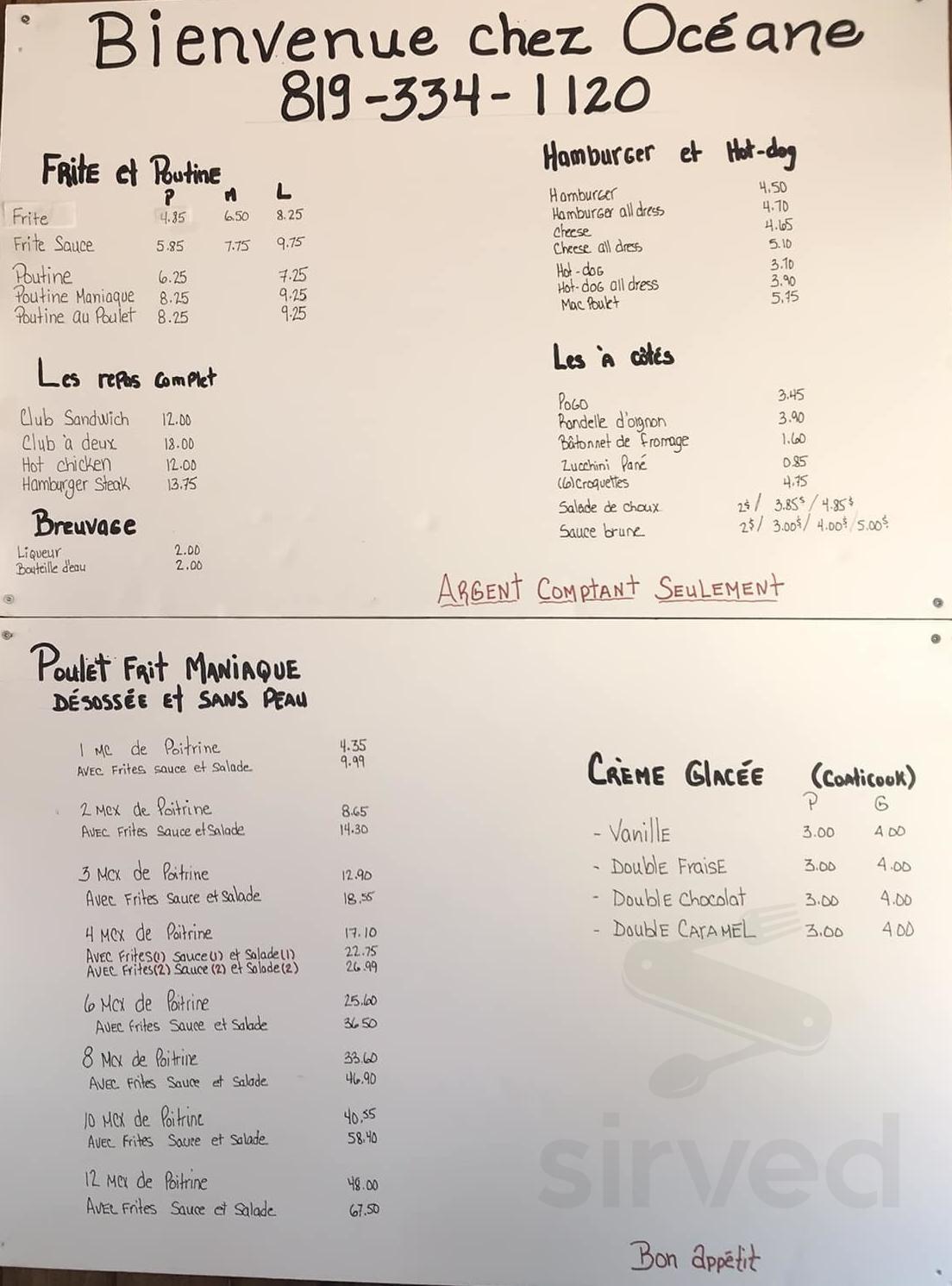 Resto Chez Oceane menu in Blue Sea, Quebec, Canada
