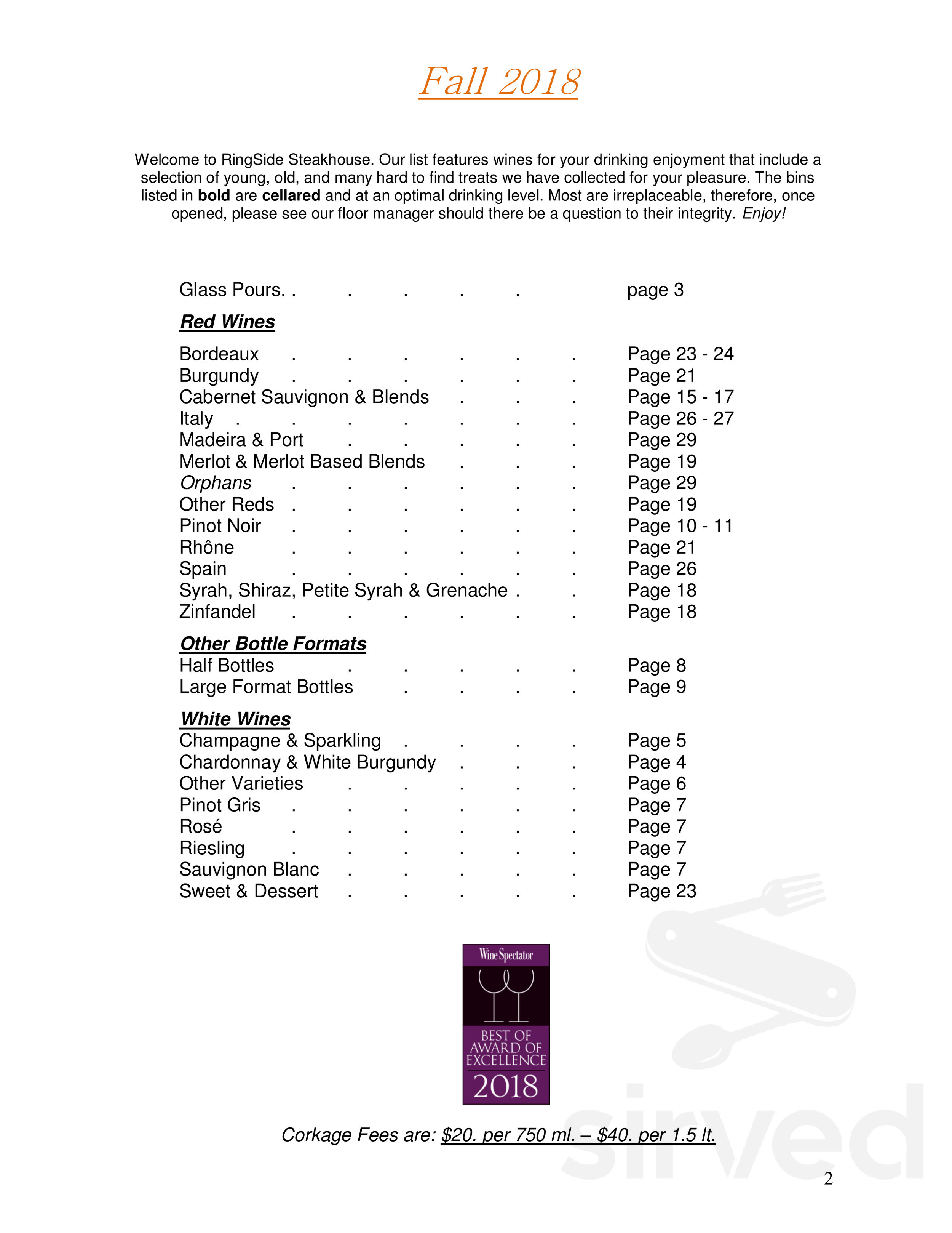 RingSide Steakhouse menu in Portland, Oregon, USA