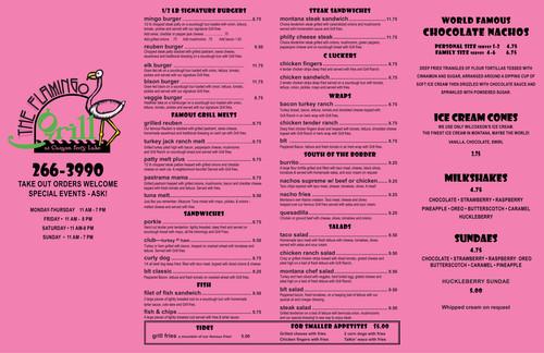 Flamingo Grill menu in Townsend, Montana, USA