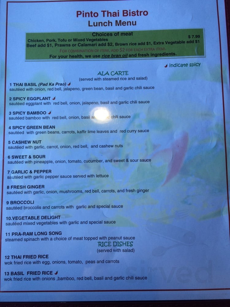 Menu - Roseville CA's Pinto Thai Bistro | Sirved