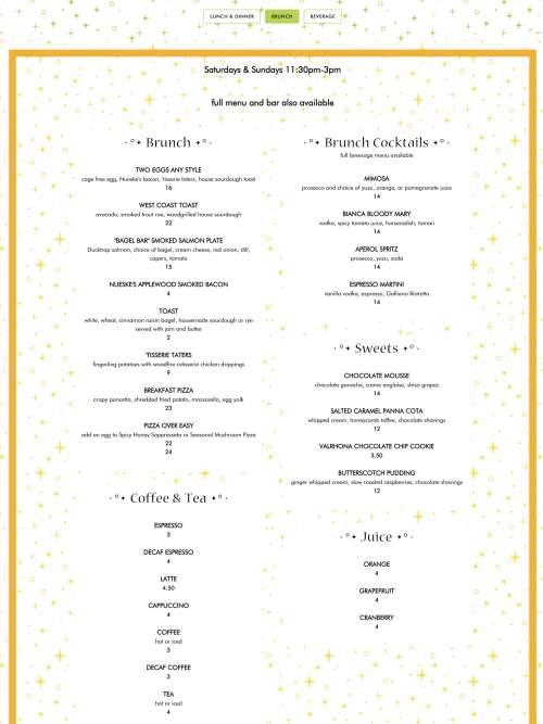 Bianca menu in Chestnut Hill, Massachusetts, USA