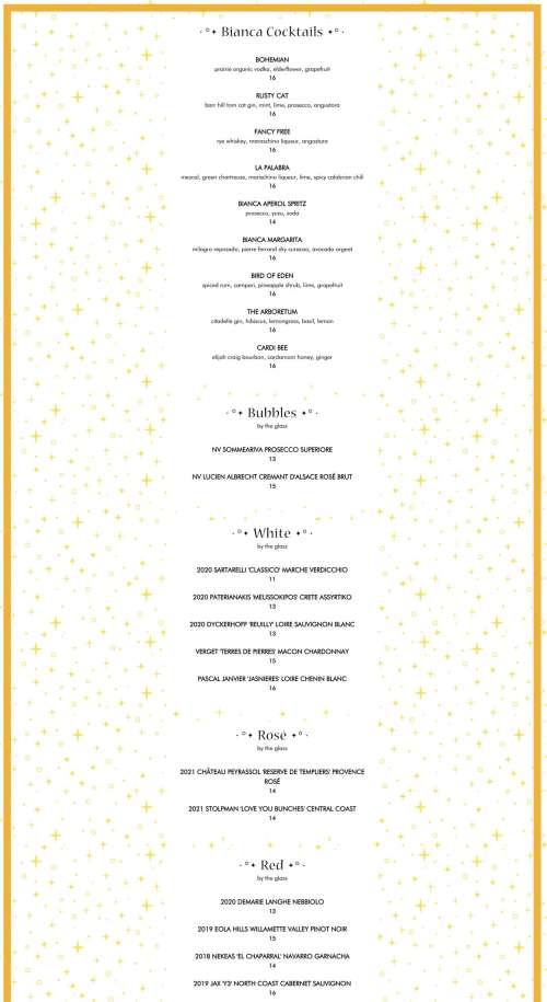 Bianca menu in Chestnut Hill, Massachusetts, USA