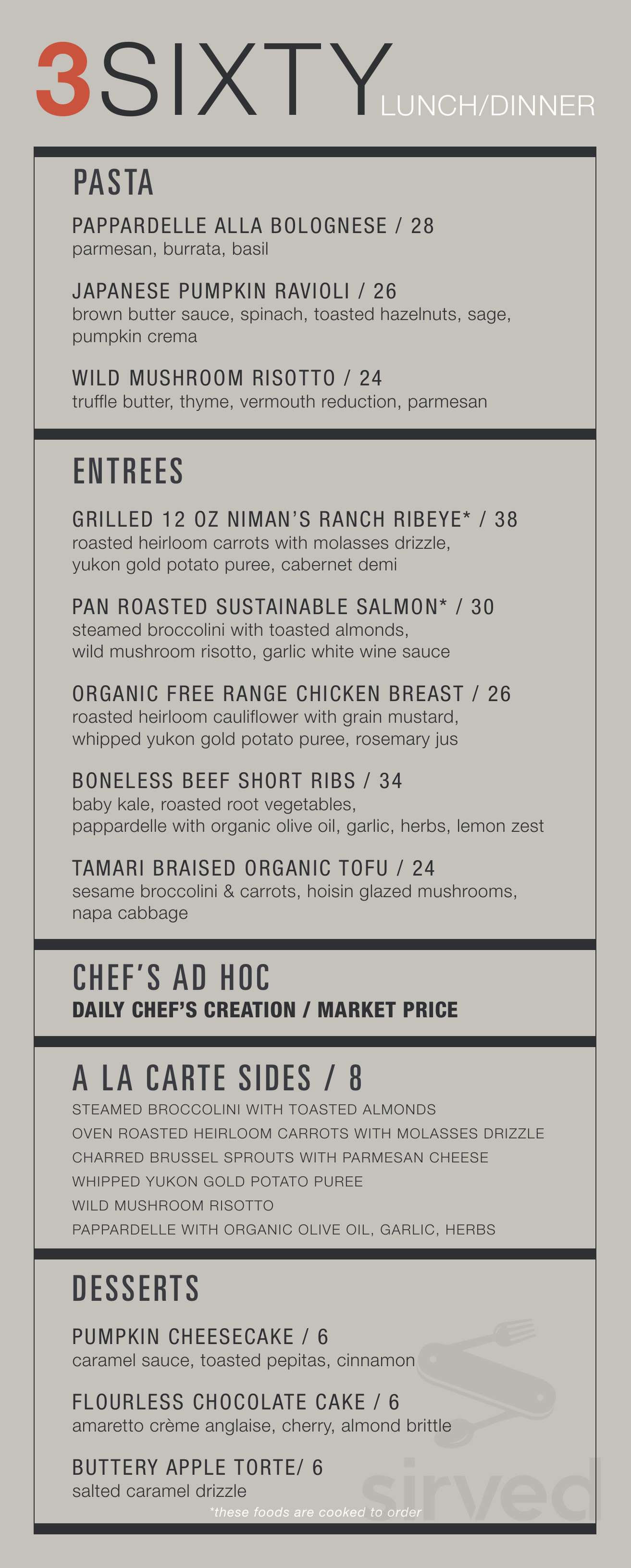 3Sixty menu in Burlingame, California, USA