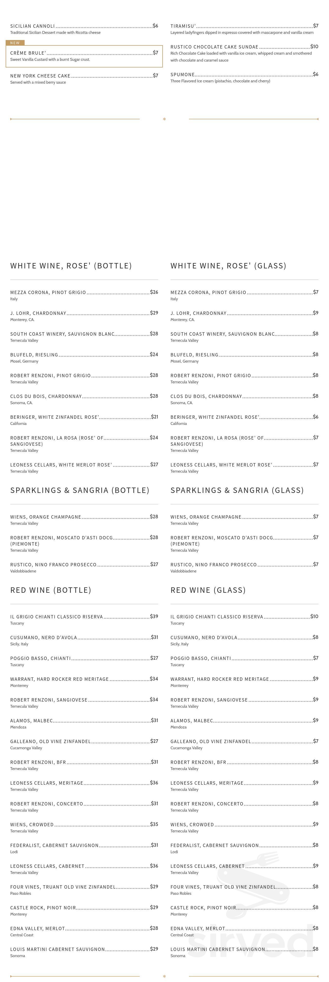 Menu - Murrieta CA's Rustico Ristorante & Pizzeria | Sirved
