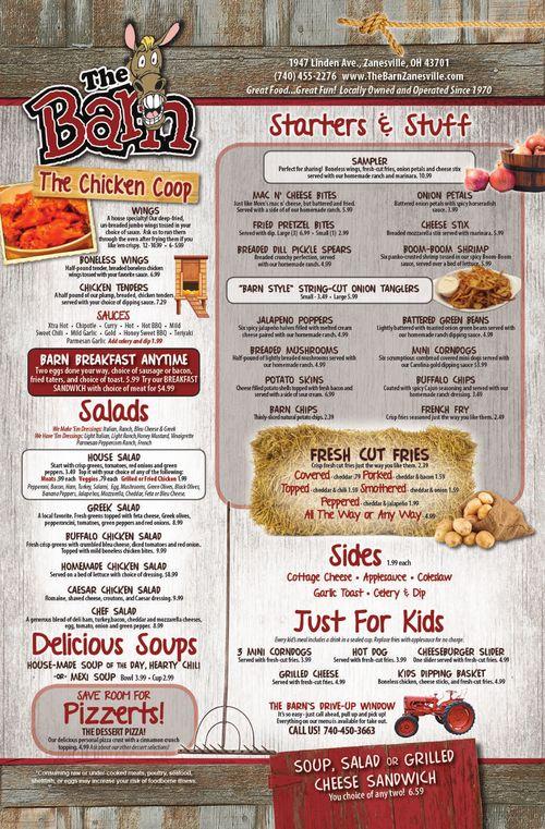 The Barn menu in Zanesville, Ohio, USA