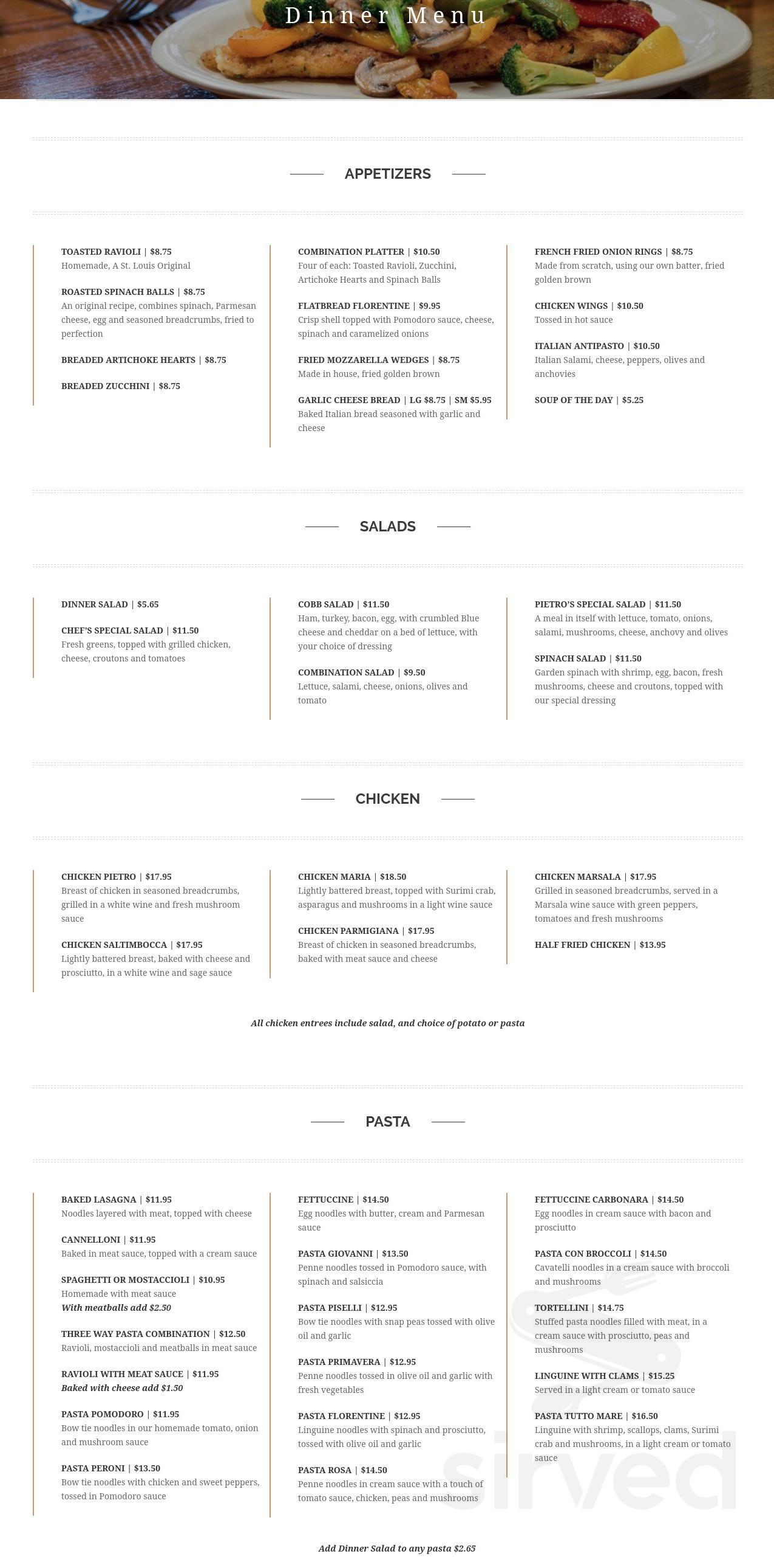 Menu for Pietro's in St. Louis, MO | Sirved