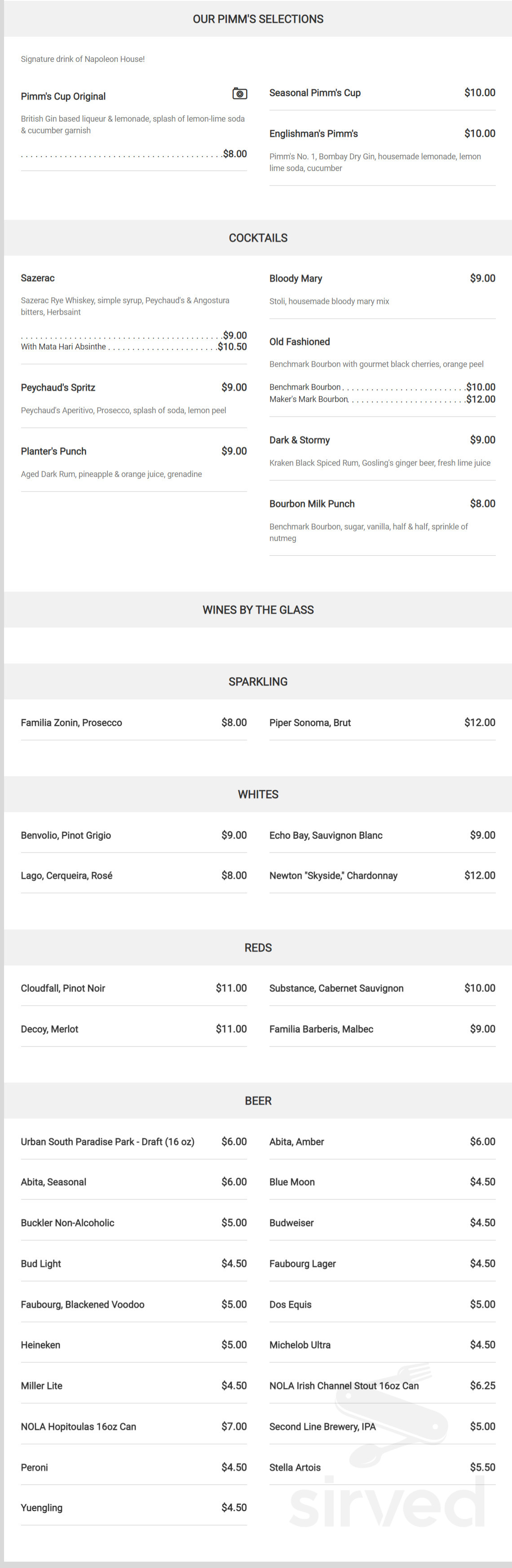 Napoleon House menu in New Orleans, Louisiana, USA