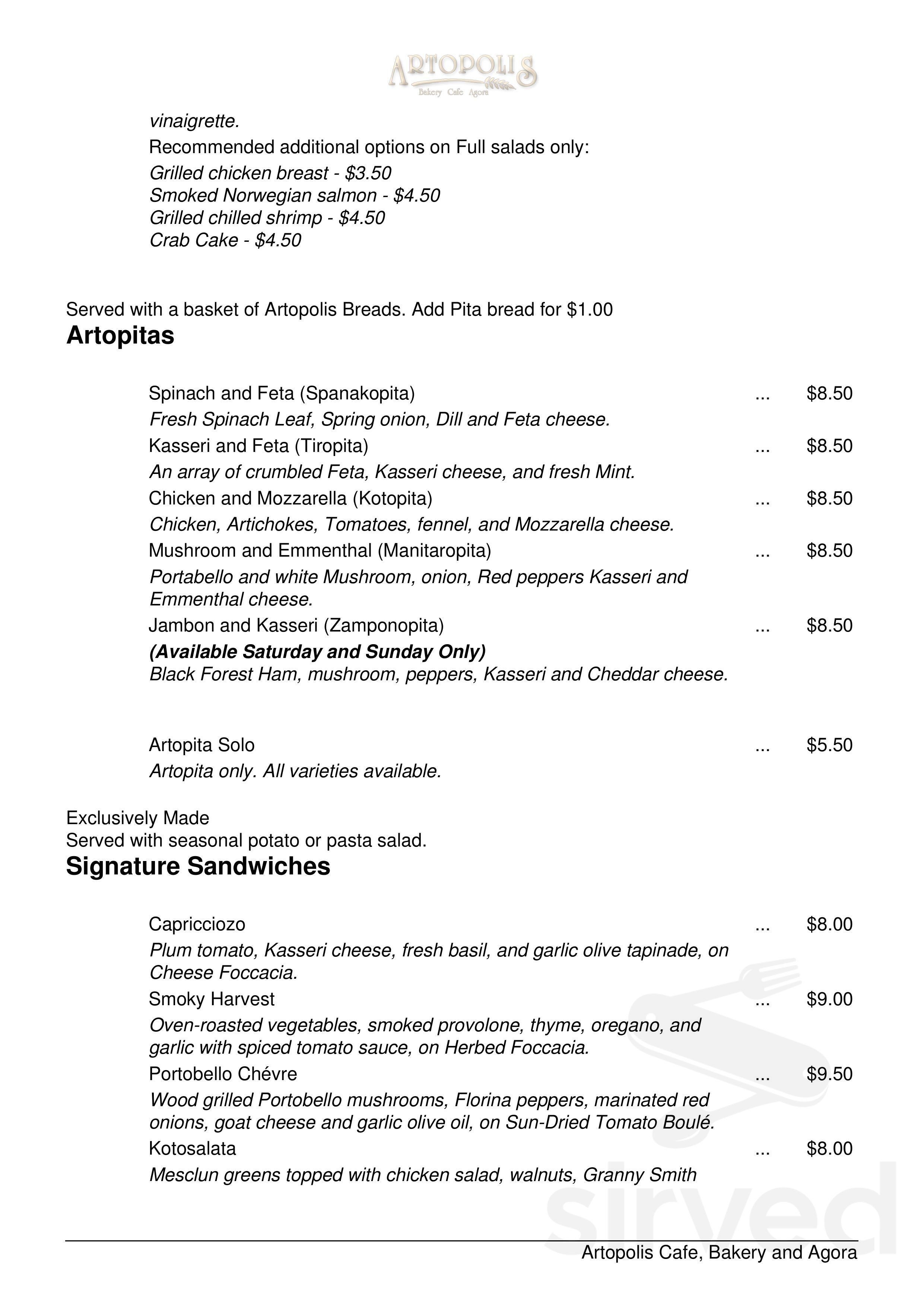 Artopolis Bakery, Cafe & Agora menu in Chicago, Illinois, USA