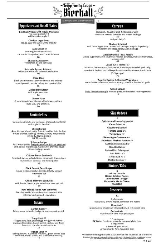 von Trapp Brewery & Bierhall menu in Stowe, Vermont, USA