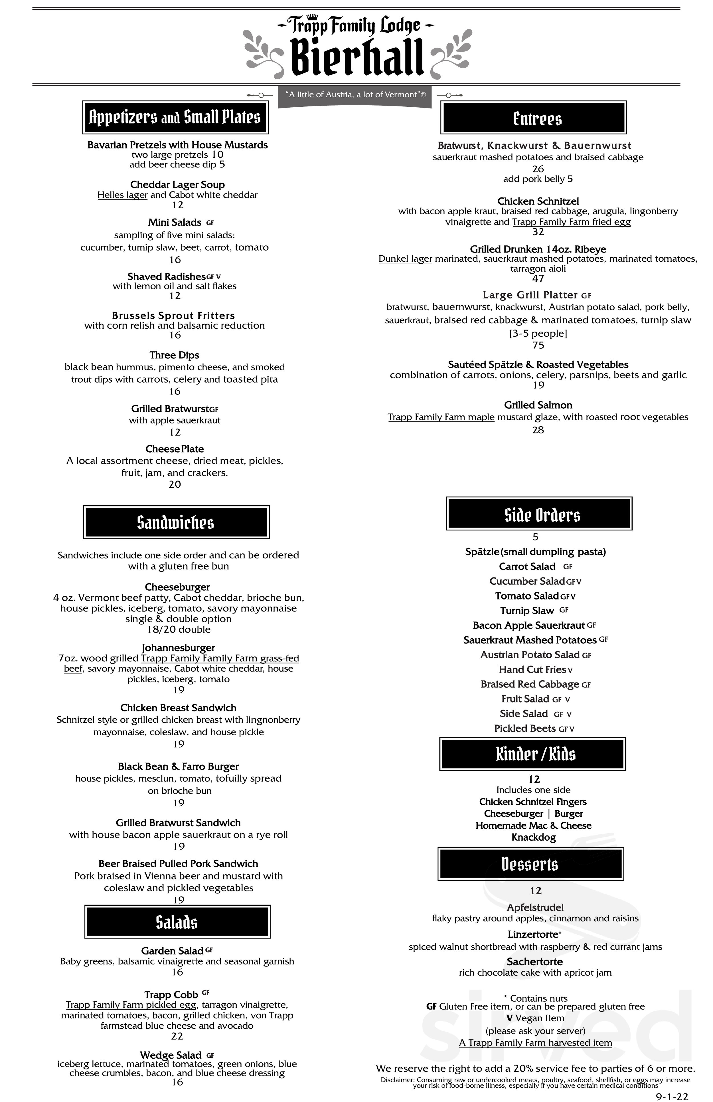 von Trapp Brewery & Bierhall menu in Stowe, Vermont, USA