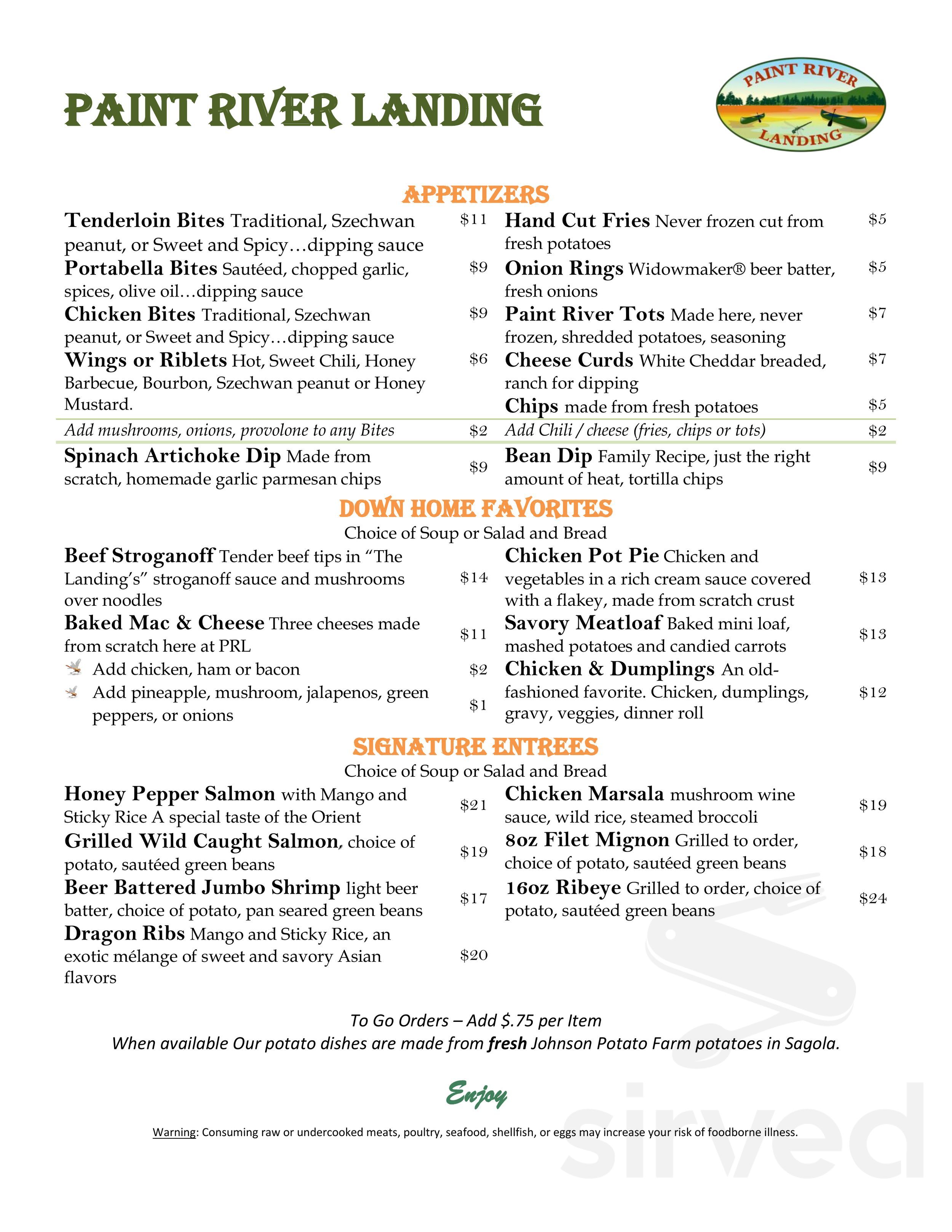 Paint River Landing menu in Crystal Falls, Michigan, USA