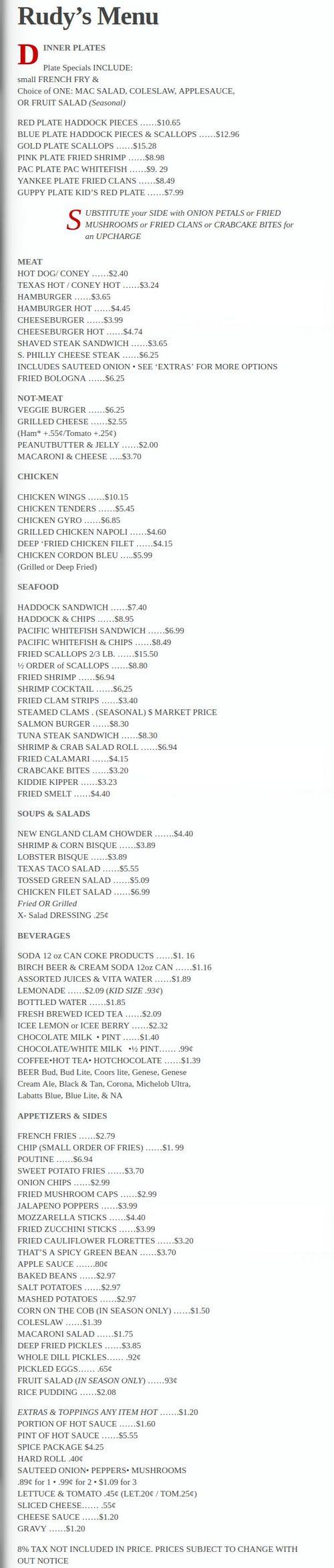 Rudy's Lakeside Drive-In menu in Oswego, New York, USA