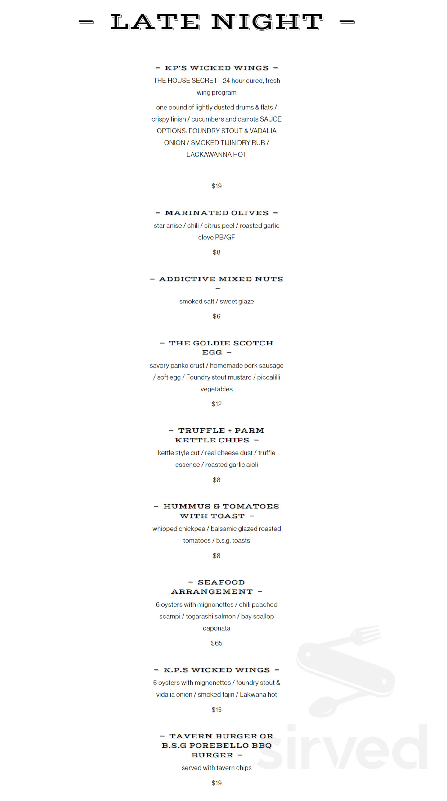 Menu for Foundry Tavern in Cambridge, ON | Sirved