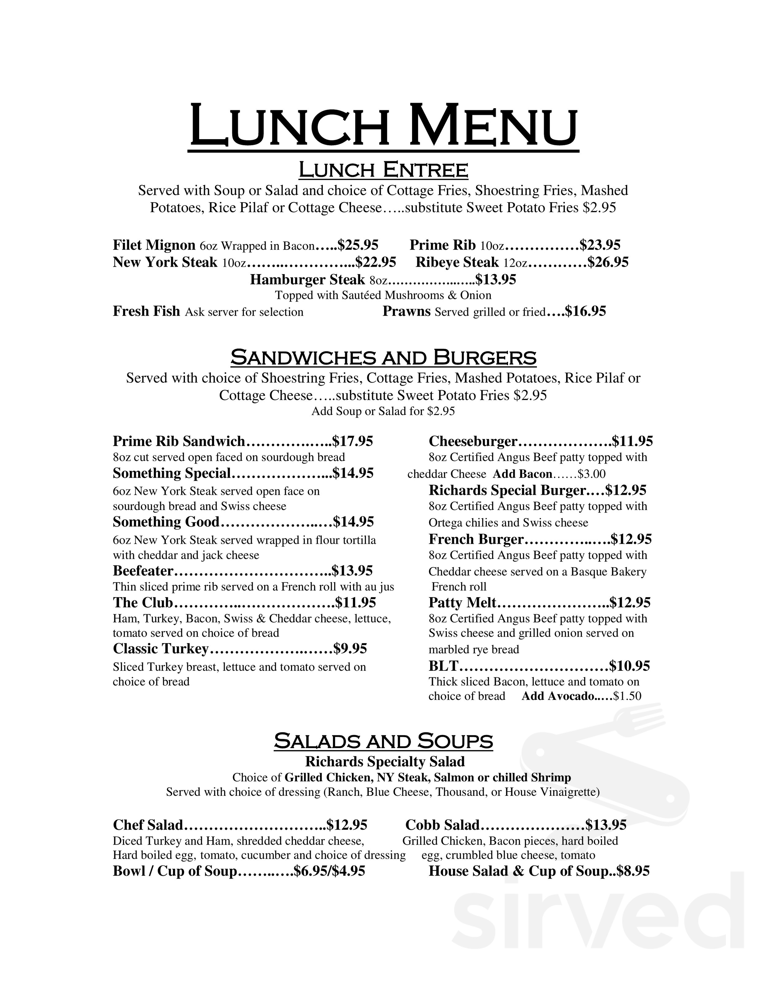Menu for Richard’s Prime Rib & Seafood in Fresno, California, United States