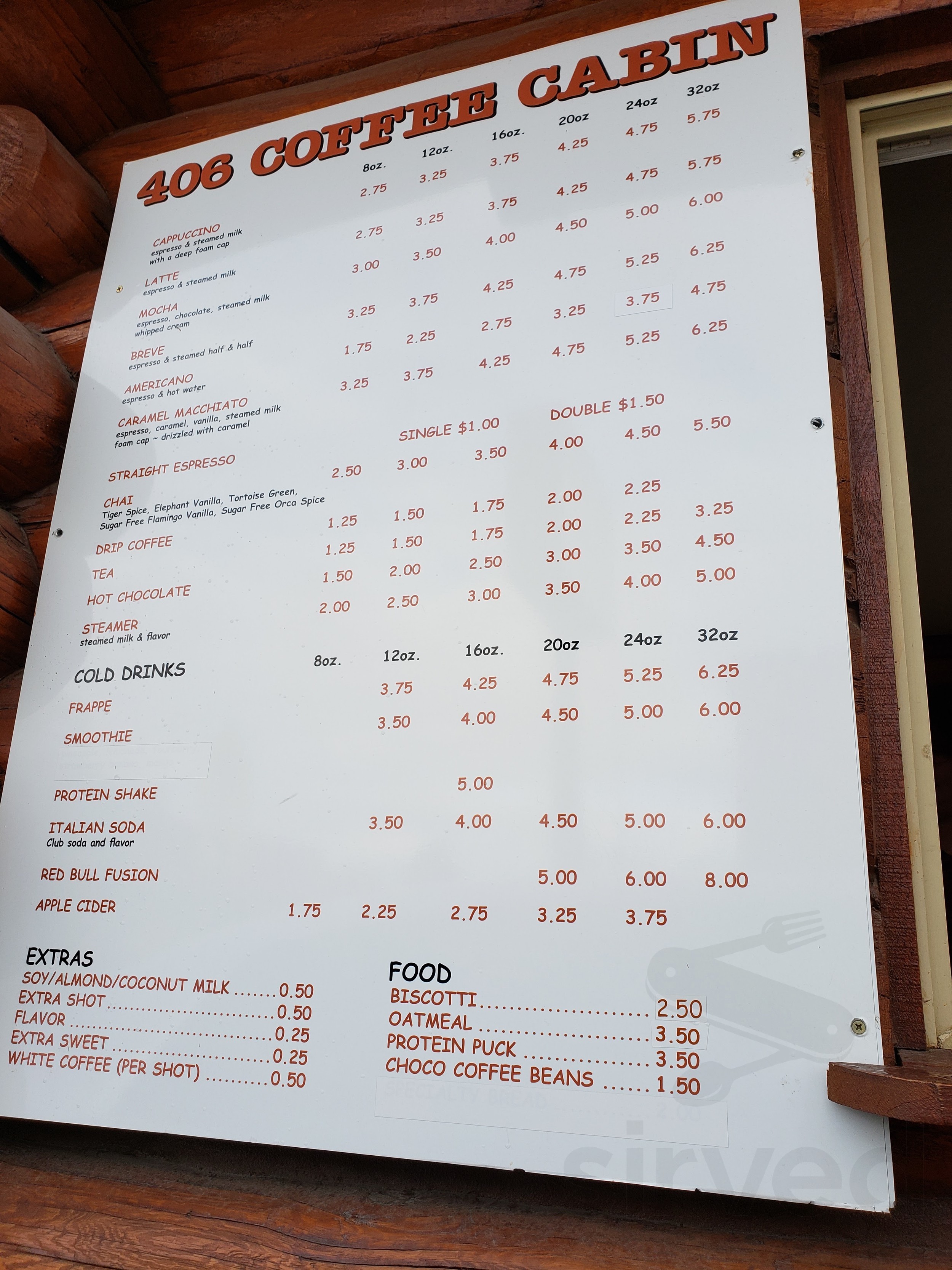 Menu for 406 Coffee Cabin in Deer Lodge, MT | Sirved