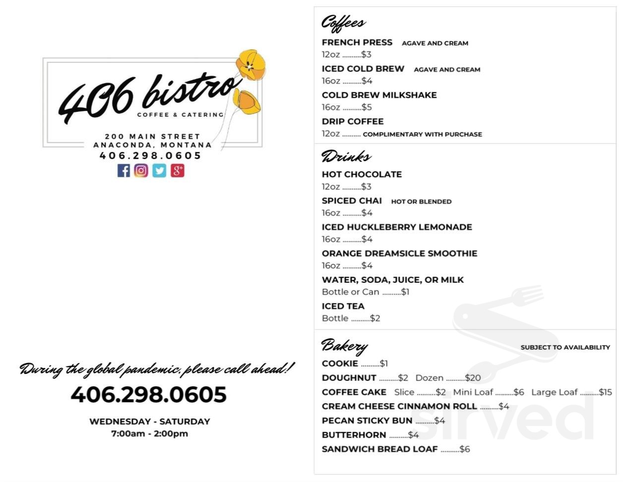 406 bistro | coffee & catering menu in Anaconda, Montana, USA