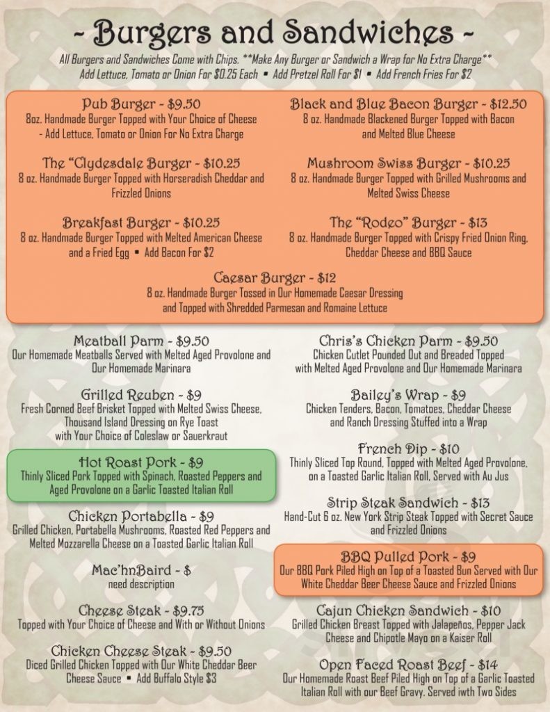 Bailey's Bar & Grille menu in Levittown, Pennsylvania, USA