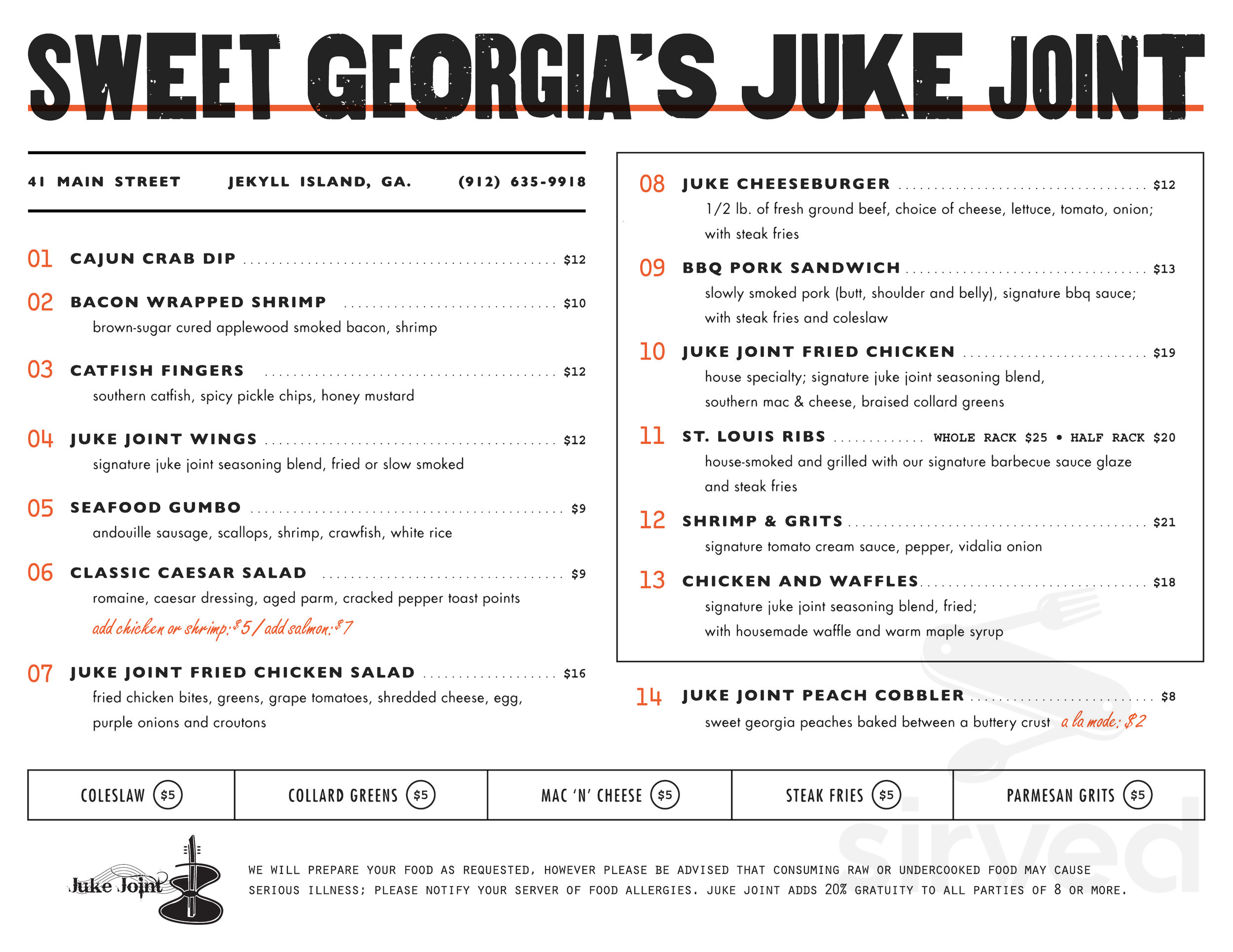 Sweet Georgia's Juke Joint menu in Jekyll Island, Georgia, USA