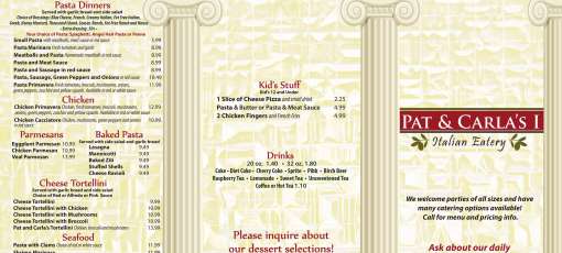 Menu for Pat & Carla's II Italian Eatery - Chambersburg, PA | Sirved