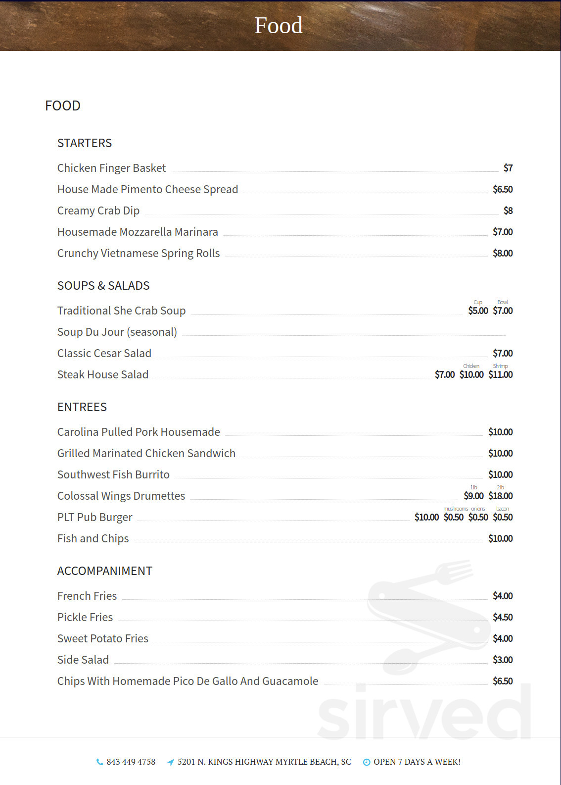 Menu for Pine Lakes Tavern in Myrtle Beach, SC | Sirved