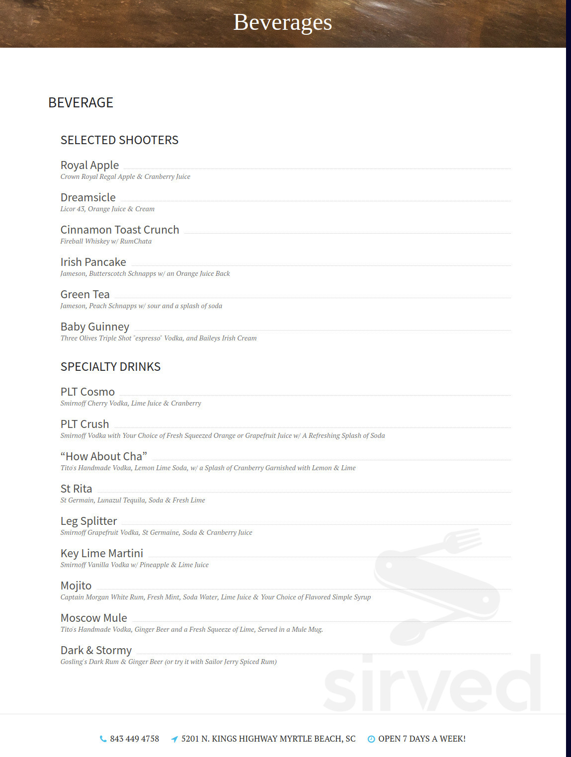 Menu for Pine Lakes Tavern in Myrtle Beach, SC | Sirved