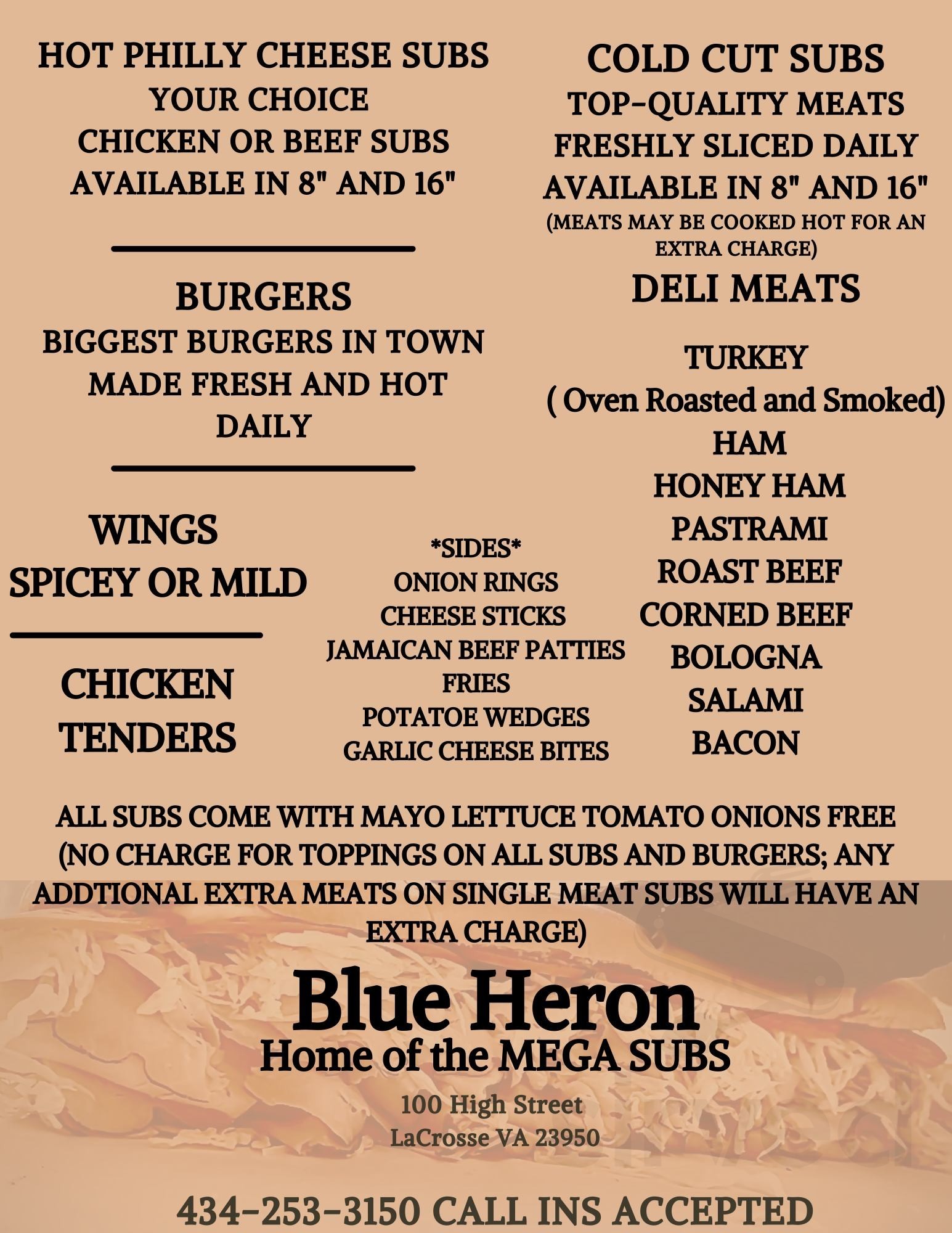 Menu for Blue Heron Beer & Wine & grocery in La Crosse, VA | Sirved