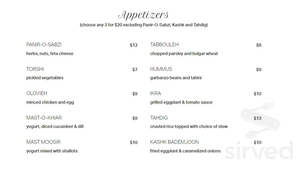 Pardis Restaurant Glendale menu in Glendale, California, USA